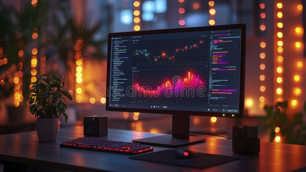 Modern Workspace with Colorful Data Visualizations Stock Illustration - Illustration of ...