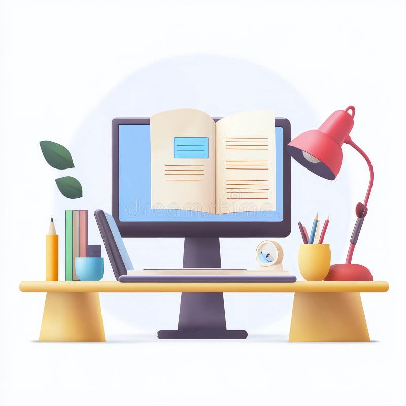 Modern Workspace with Computer, Books, and Vibrant Desk Accessories. 3D ...