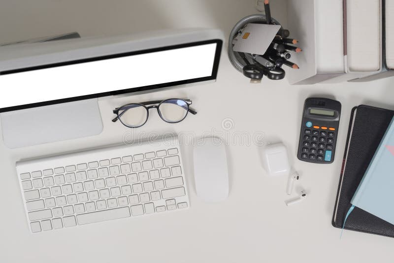 Modern Workspace with Computer, Calculator and Books. Stock Photo ...