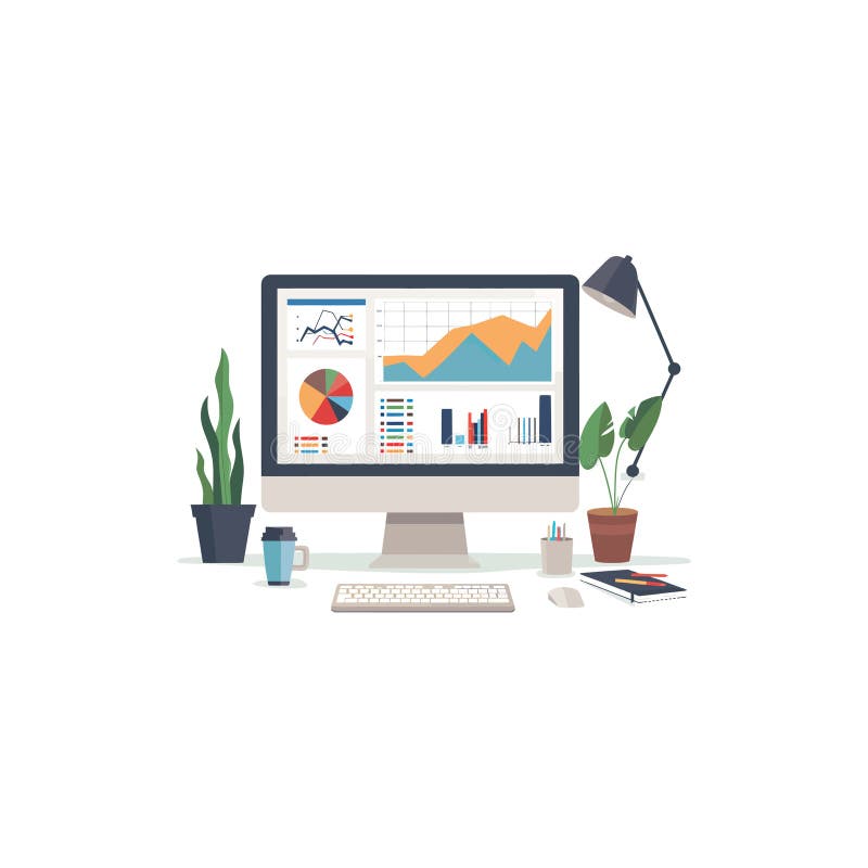 Modern Workspace with Computer and Charts. Vector Illustration Design ...