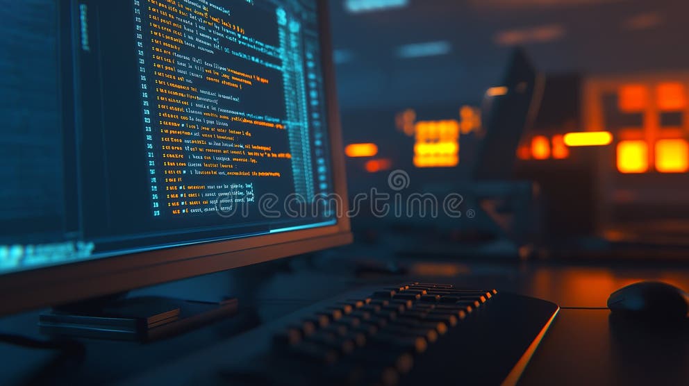 Modern Workspace with Computer and Coding Screen at Night Stock ...