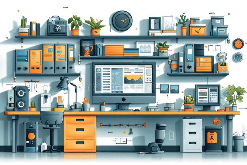 A Modern Workspace with a Computer, Desk, Shelves, and Various Office ...