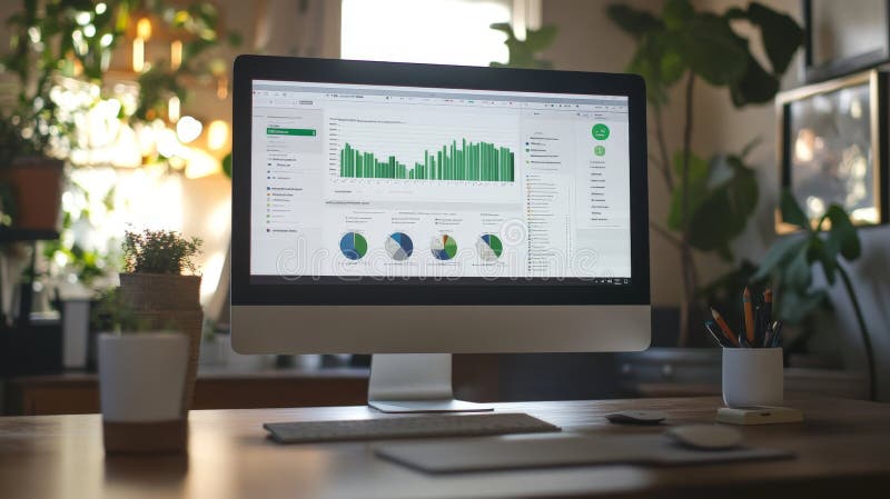 Modern Workspace with Computer Displaying Business Analytics on Screen ... Modern Workspace with Computer Displaying Business Analytics on Screen ...