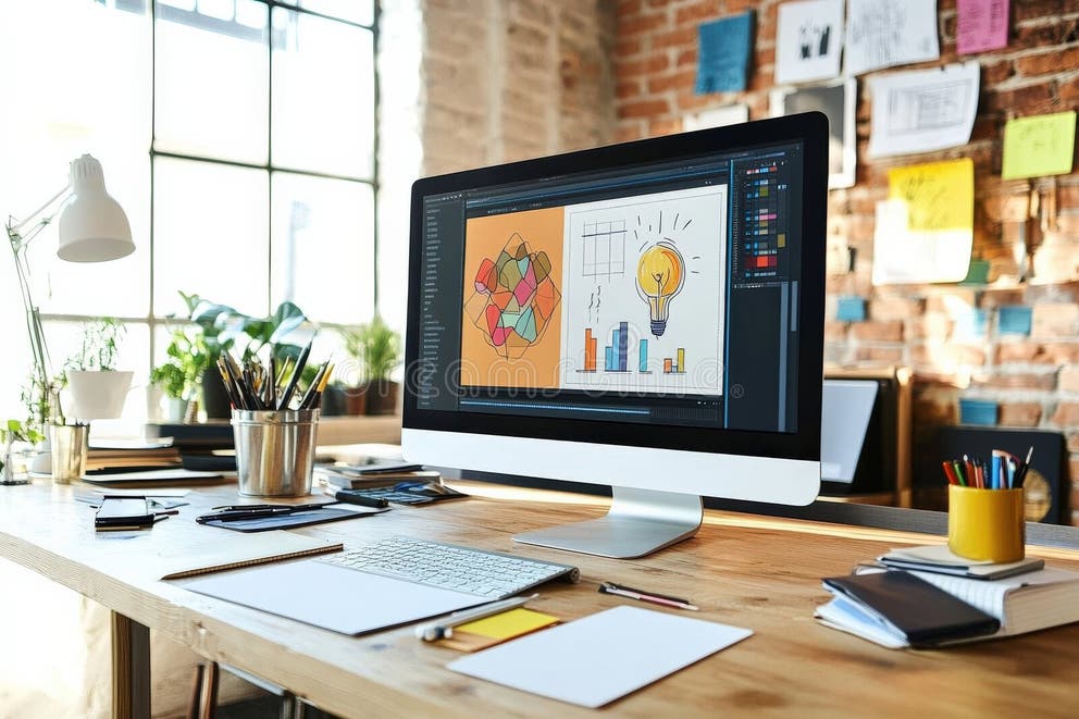 Modern Workspace with Computer Displaying Design and Data Stock ...