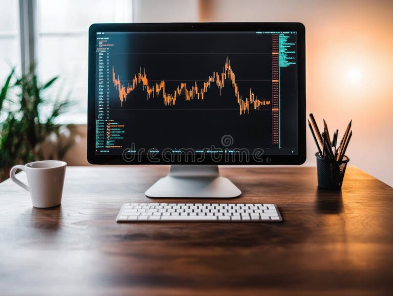 Modern Workspace with Computer Displaying Financial Data Charts, Keyboard, Coffee Cup Stock ...