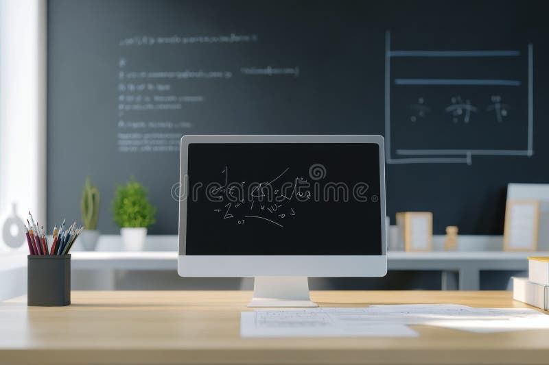 Modern Workspace with Computer Displaying Math Equations and Minimalist ...
