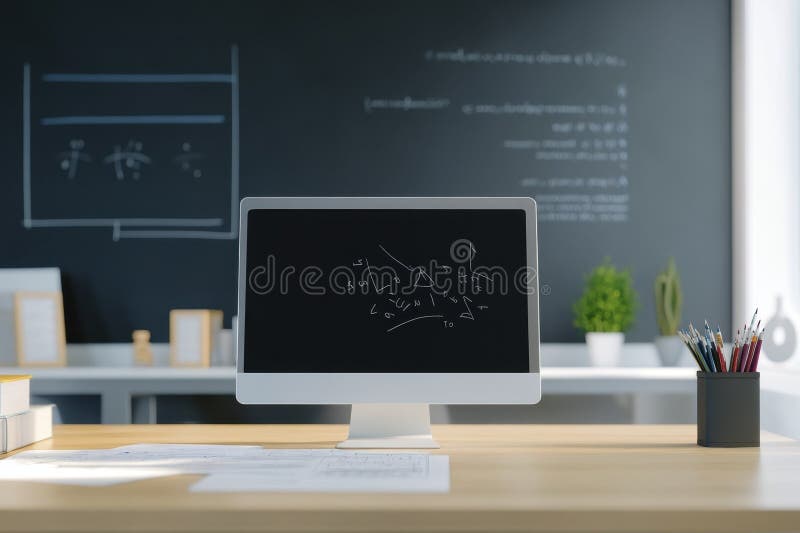 Modern Workspace with Computer Displaying Math Equations and Minimalist ...