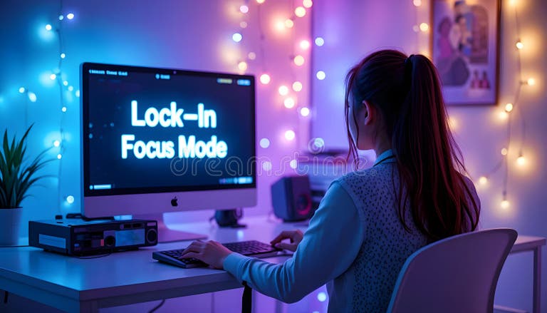 Modern Workspace with Computer Focus Mode Screen Stock Illustration ...