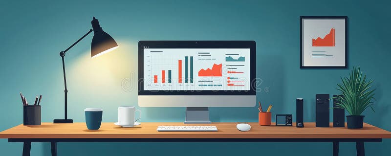 Modern Workspace with Computer and Graphical Data in Flat Illustration ...