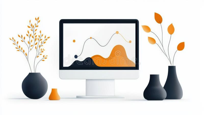 Modern Workspace with Computer Graphs and Decorative Vases White ...