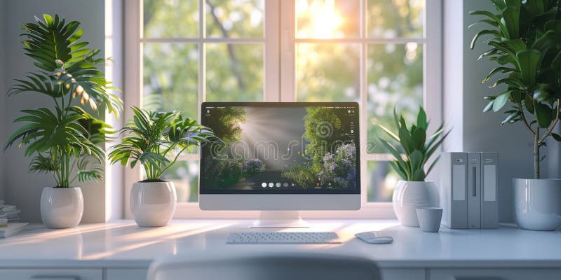Modern Workspace with a Computer, Green Plants, and Natural Sunlight ...