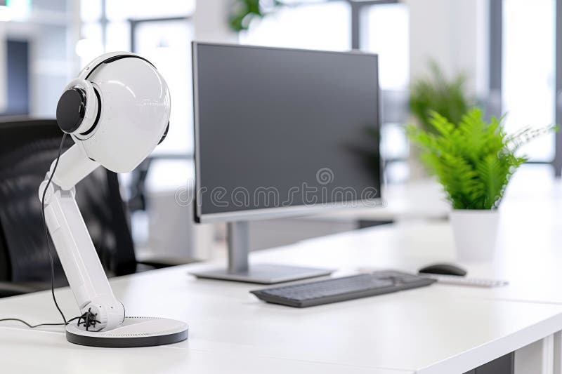 Modern Workspace with Computer and Innovative Headset in Bright Office ... Modern Workspace with Computer and Innovative Headset in Bright Office ...
