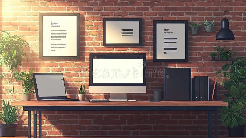 Modern Workspace with Computer, Laptop, and Plants Against a Brick Wall ...