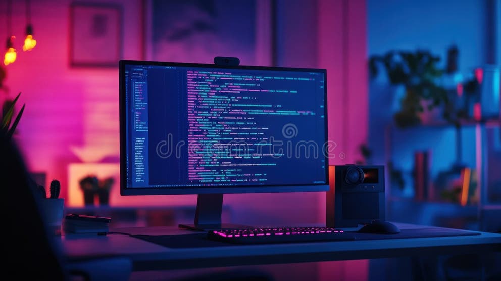 Modern Workspace with Computer Monitor Displaying Colorful Code in Ambient Lighting. Big Data ...