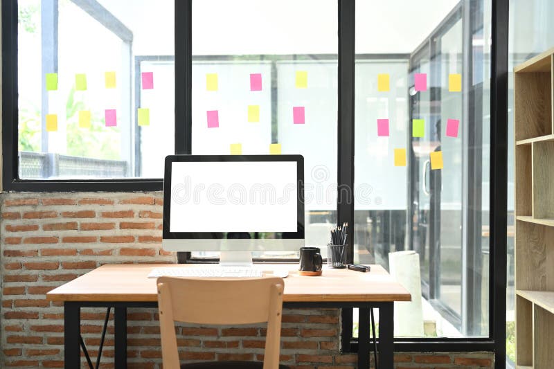 Modern Workspace with Computer Monitor and Office Supplies Stock Image ...