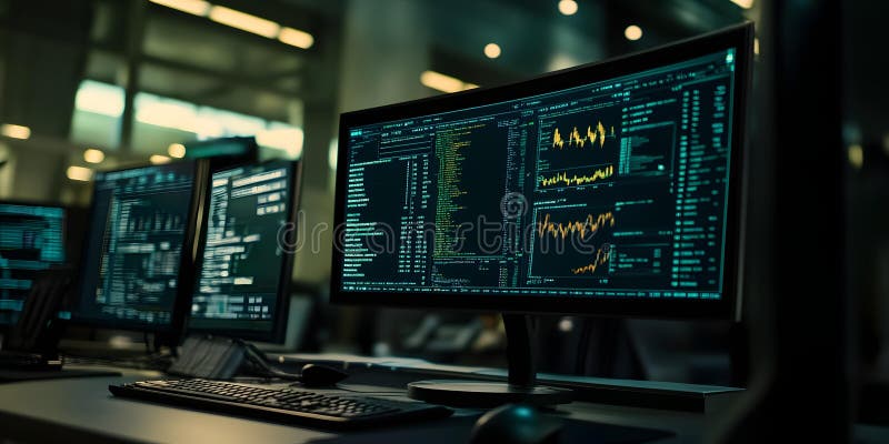 Modern Workspace With Computer Monitors Displaying Code And Data Visualizations Stock
