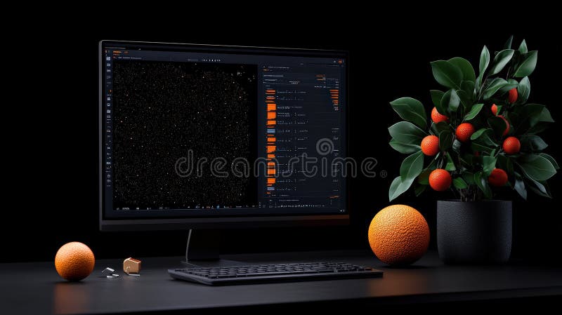 Modern Workspace with Computer Oranges and Plant on Black Background ...