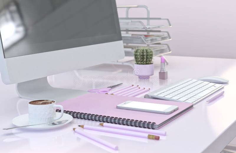 Office Workspace with Computer, Pink Stationery Set, Smartphone and Cup ...