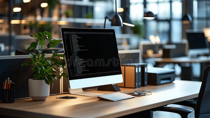 Modern Workspace with Computer and Plant in Contemporary Office Setting ...