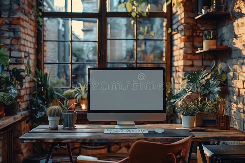 Modern Workspace with Computer and Plants Near Window Stock Image ...