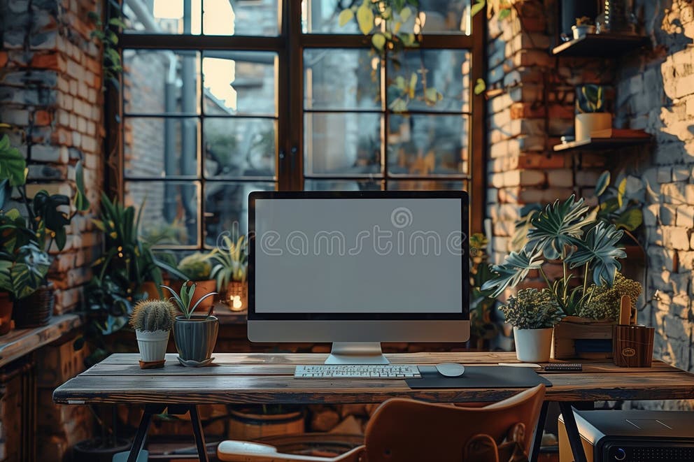 Modern Workspace with Computer and Plants Near Window Stock Image ...