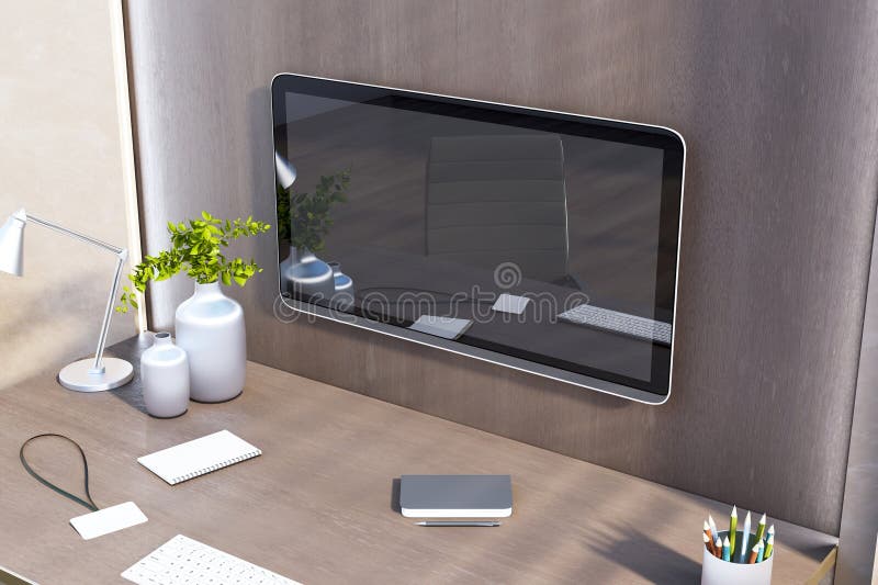 Modern Workspace with Computer Screen, Desk Accessories, on a Wooden ...