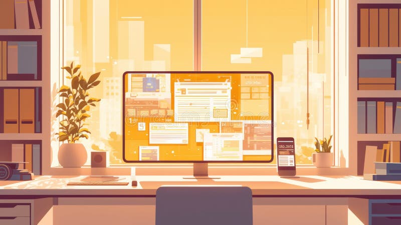 A Modern Workspace with a Computer Screen Displaying a Website Layout ...