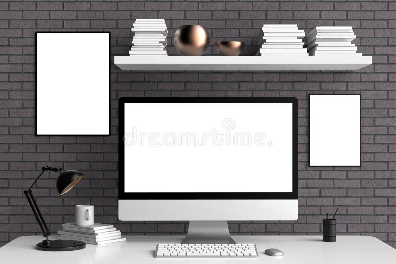Modern Workspace, Computer Screen and Frame Mock Up. 3D Stock ...
