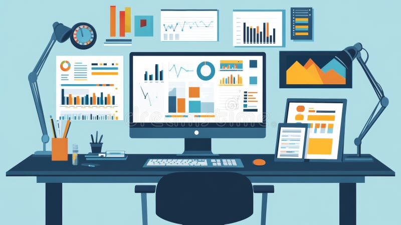 A Modern Workspace with Computer Screens Displaying Data Charts ... A Modern Workspace with Computer Screens Displaying Data Charts ...
