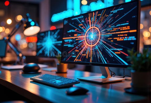 Modern Workspace with Computer Screens Displaying Data Visualization ...