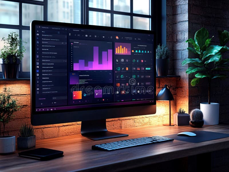 A Modern Workspace With A Computer Setup Showcasing Data Analysis Or