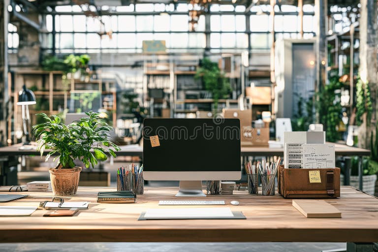 Modern Workspace with Computer, Stationery, and Greenery in a Bright ...