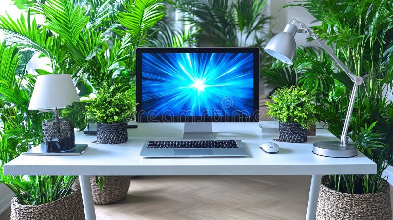 Modern Workspace with Computer Surrounded by Lush Greenery Stock ...