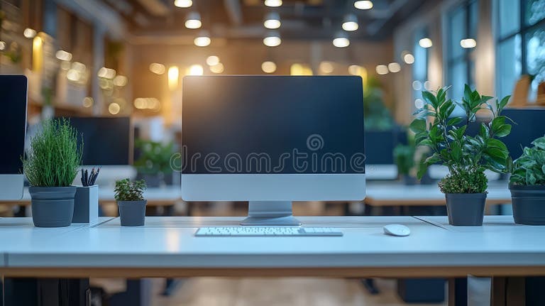 Modern Workspace with Computers and Plants Promoting Productivity and ...