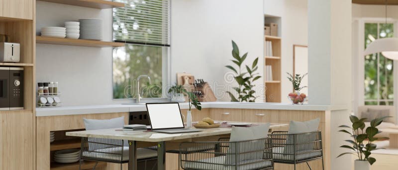 Modern Workspace Corner in the Kitchen with Blank Screen Laptop on ...
