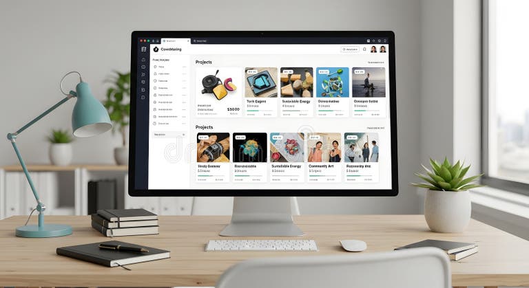 Modern Workspace with Crowdfunding Platform Display Stock Illustration ...