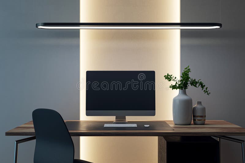 Modern Workspace with Dark Wooden Desk, Focused Lighting, and ...