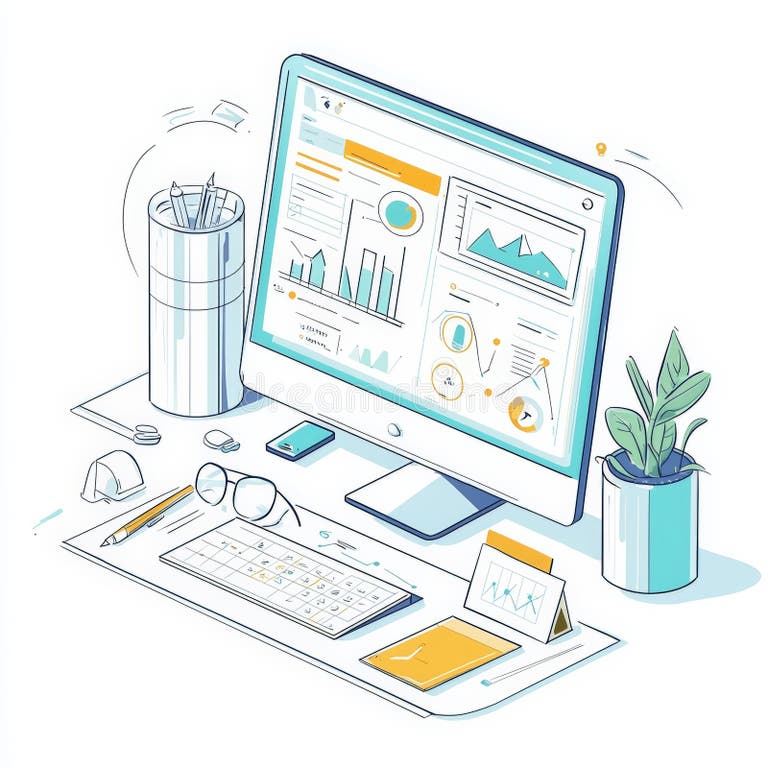 Modern Workspace with Data Analytics Dashboard on Desktop Stock ...