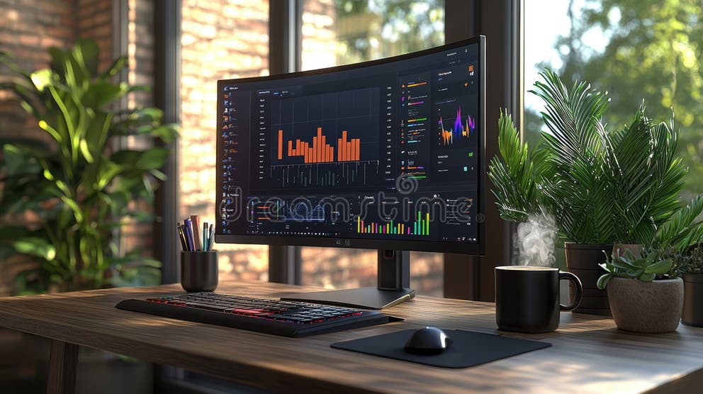 Modern Workspace with Data Visualization and Plants Stock Illustration ...