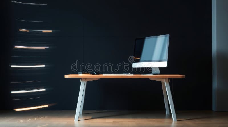 Modern Workspace Design Features Sleek Computer Setup Against a Dark ...