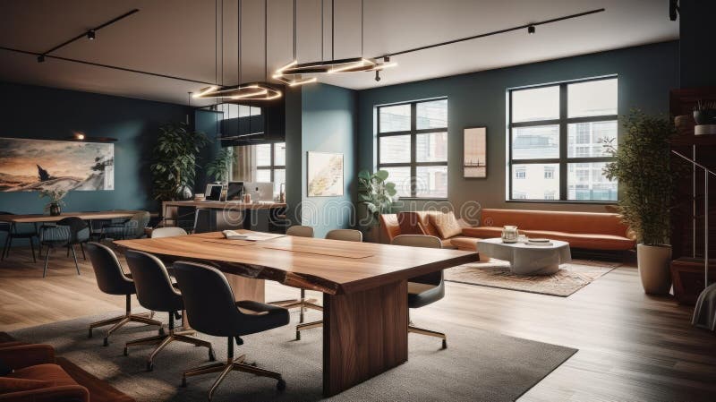 A Chic Upscale Workspace Featuring High-tech Meeting Rooms and Stylish ...