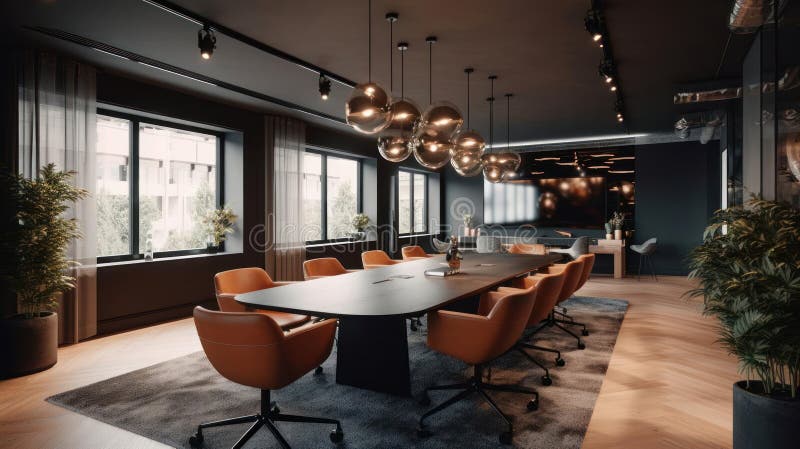 A Chic Upscale Workspace Featuring High-tech Meeting Rooms and Stylish ...