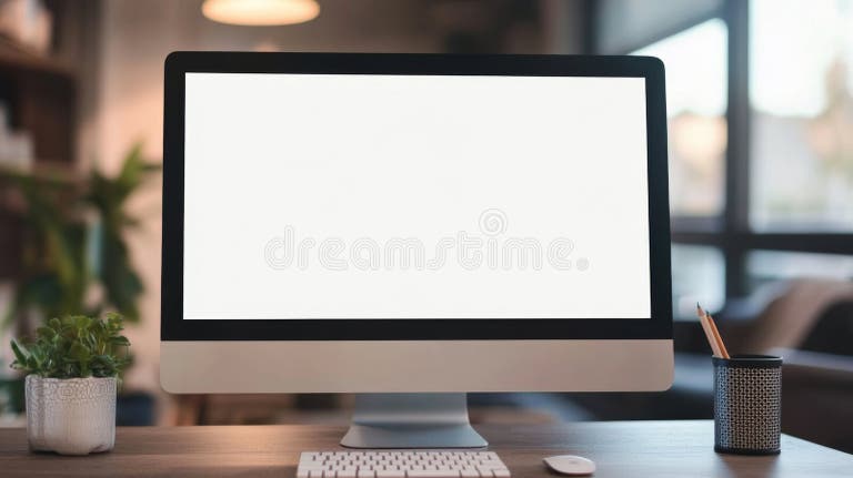 Modern Workspace with Desktop Computer and Blank Screen in Bright ...