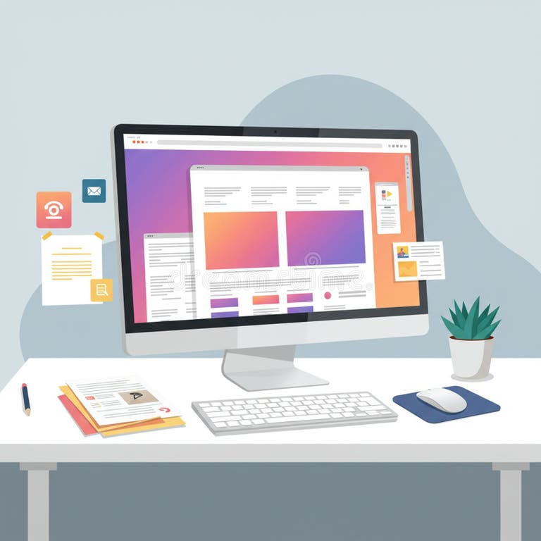 A Modern Workspace with a Desktop Computer Displaying a Colorful ...