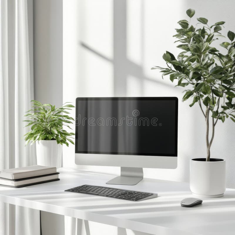 Modern Workspace with Desktop Computer, Green Plants, and Natural Light ...
