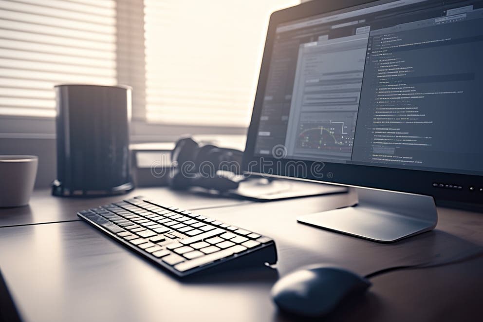Modern Workspace Desktop Computer, Keyboard, and Mouse in Focus Stock Illustration ...