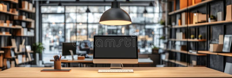 Modern Workspace with Desktop Computer, Lamp and Minimalist Bookshelves ...