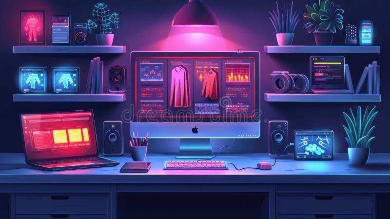 A Modern Workspace with a Desktop Computer, Laptop, and Various Gadgets ...