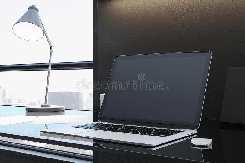 Modern Workspace Desktop with Laptop and City View Stock Illustration ...