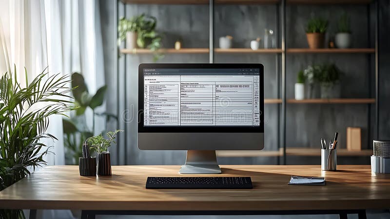 Modern Workspace with Desktop Monitor, Plants, and Organized Desk Stock ... Modern Workspace with Desktop Monitor, Plants, and Organized Desk Stock ...